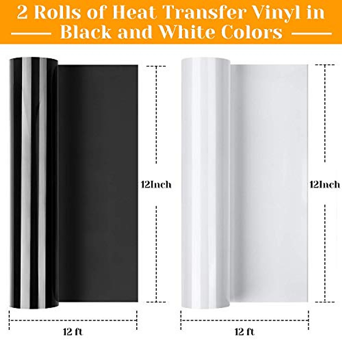 12" x 24ft Heat Transfer Vinyl Rolls, Flasoo 2 Rolls Black and White HTV Iron on Vinyl for Shirts, Compatible with Cricut, Cameo, Heat Press Machines, Sublimation (12 Inches by 12 Feet Per Roll)
