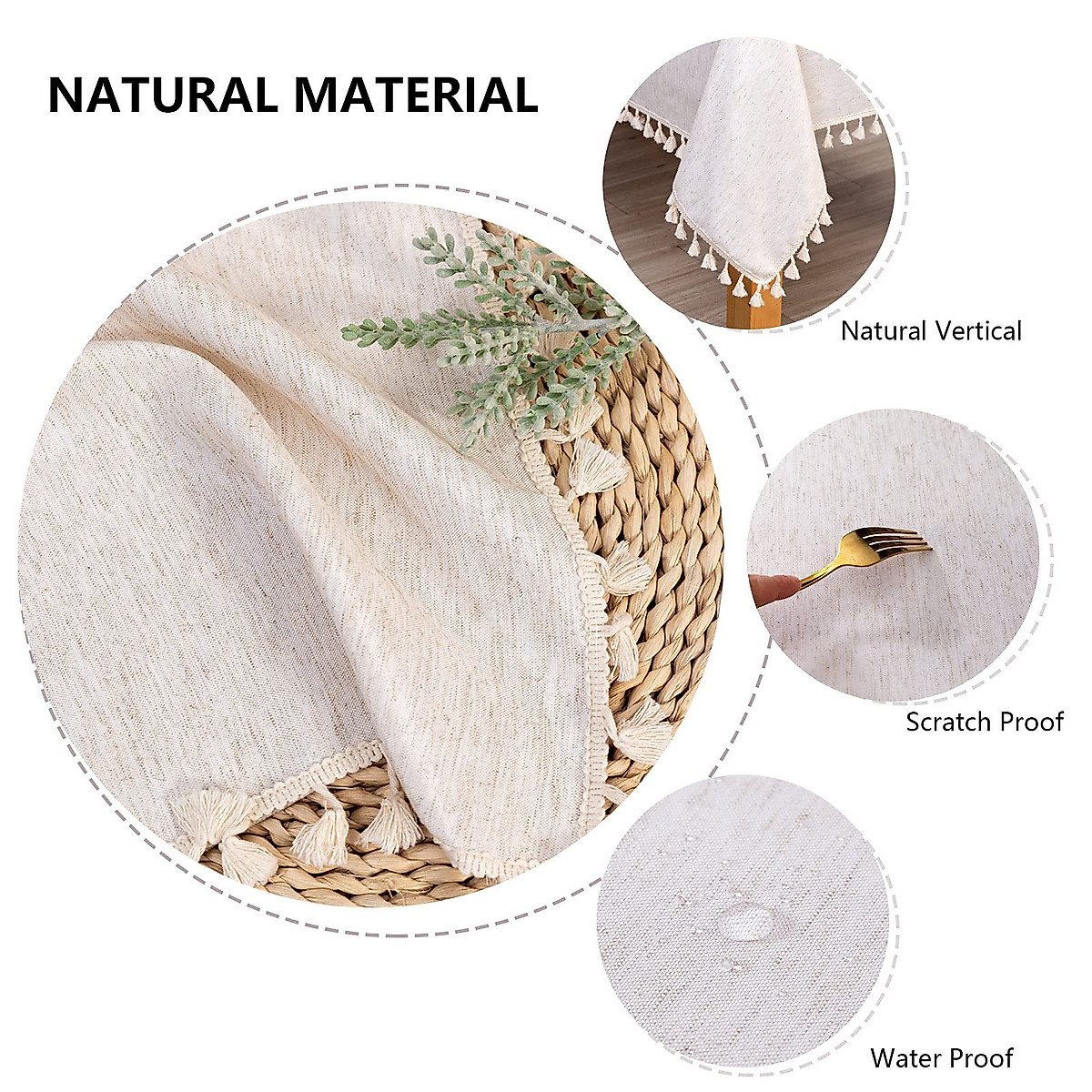 MYSKY HOME Table Cloth 60x84 in Rectangle Table, Heavy Duty Cotton Tassel Linen Look Waterproof Tablecloths Farmhouse Tablecloth, Wrinkle Free Table Cover with Beige Tassels for Kitchen Dining, Party