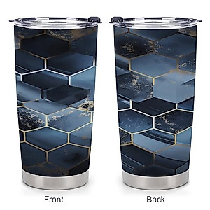 FHENMSA Reusable Plastic Water Cups with Lids,Blue Hexagons And Diamonds Print Anti-overflow Cup,sports Travel Coffee Cup