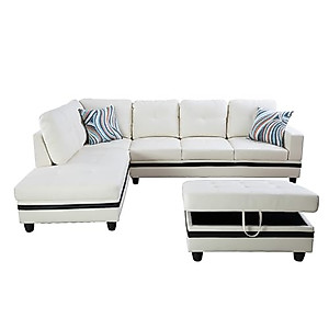 NOTOP 3-Piece Faux Leather L-Shaped Sectional Sofas, Button Tufted Upholstered Couch Set with Left Chaise Longue and Storage Ottoman, for Living Room, Home, Office, White Black