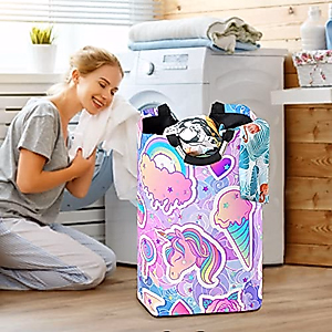 Kigai Large Storage Laundry Hamper Bag, Collapsible Waterproof Laundry Clothes Basket with Handles for Bathroom, College, Living Room Organization (Rainbow Unicorn)