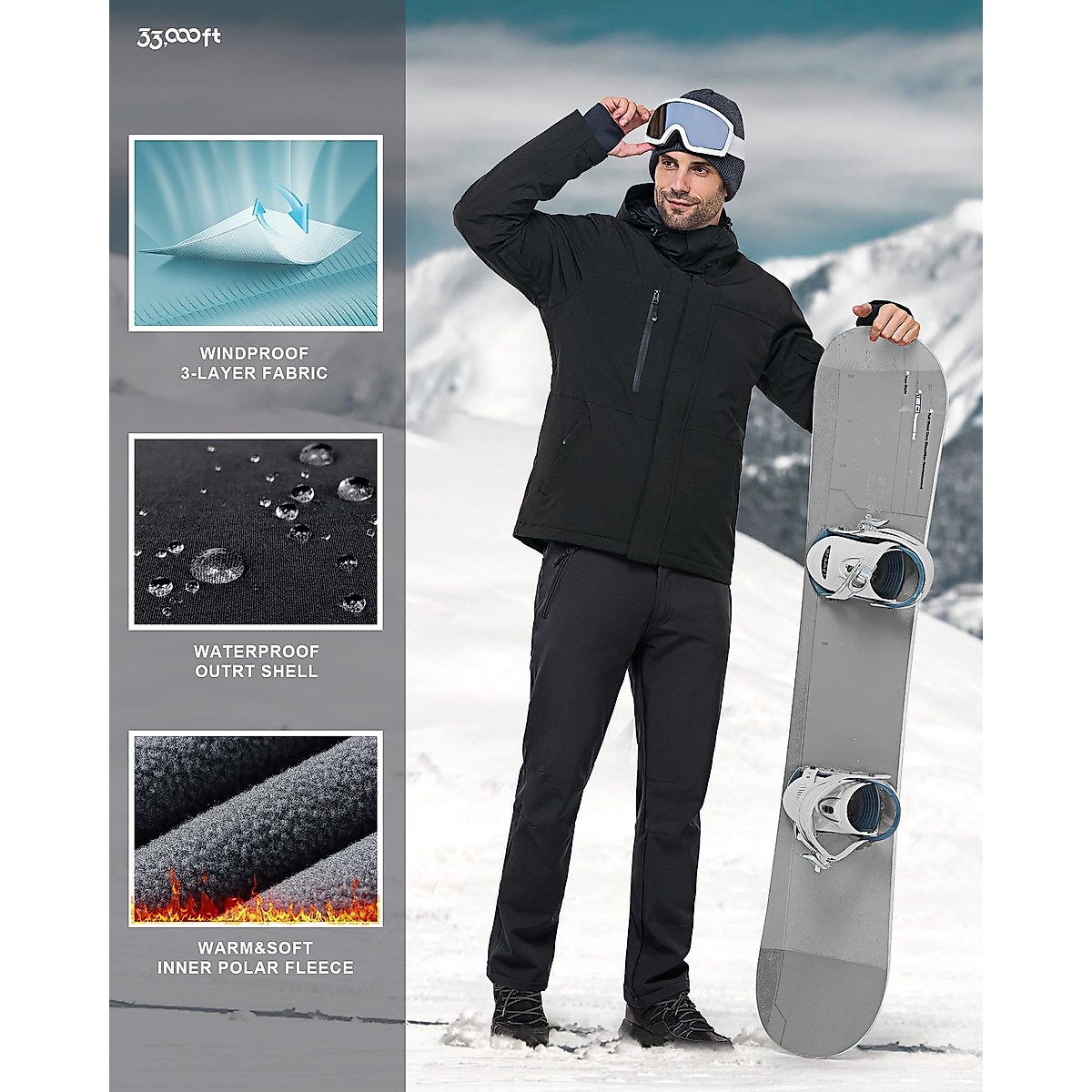 33,000ft Men's Winter Snow Ski Fleece Lined Pants Warm Waterproof Softshell Insulated for Snowboard Outdoor Work Hiking
