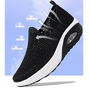Cubicbee Women's Platform Walking Shoes Breathable Mesh Air Cushion Sneakers,Orthopedic Diabetic Walking Shoes,Casual Comfort Slip-On Beach Shoes (Black-1,9)