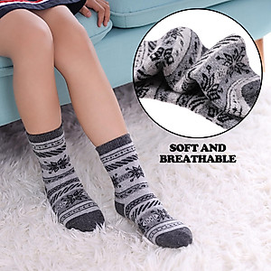 FNOVCO Kids Merino Wool Hiking Socks Toddlers Boys Girls Cozy Thermal Winter Thick Warm Crew Socks 6 Pairs (8-12 Years, Snowflake)