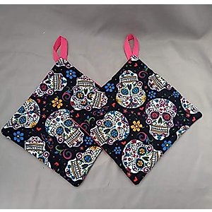 Potholder Set in a Pop Sugar Skull Fabric Print by Sewuseful Studios