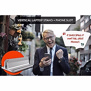 Vertical Laptop Stand with New Smart Phone Slot; Solid Upright MacBook Storage Saves Desk Space; Strong Aluminum Adjustable Rack with Powerful, Never Fail Hold