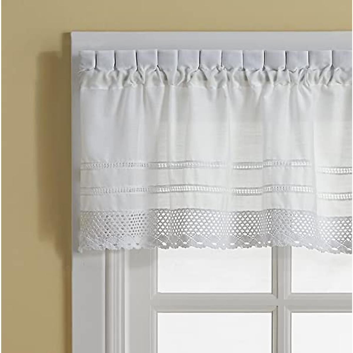 CHF & You White Crochet Cafe Kitchen Curtain Window Valance, Rod Pocket, 58W x 14L inch, 1 Valance