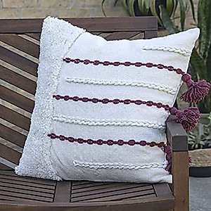 Foreside Home & Garden White Striped Woven 20x20 Outdoor Decorative Throw Pillow with Hand Tied Tassels, 20 x 20 x 5