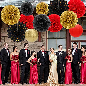 Red-Black Gold Casino Theme Party-Decorations - 20pcs Game Night Paper Lanterns Fans,Tissue Pom Poms,Honeycomb Balls,Bunting,Birthday Graduation Wedding Bridal Baby Shower Decor Burgleda