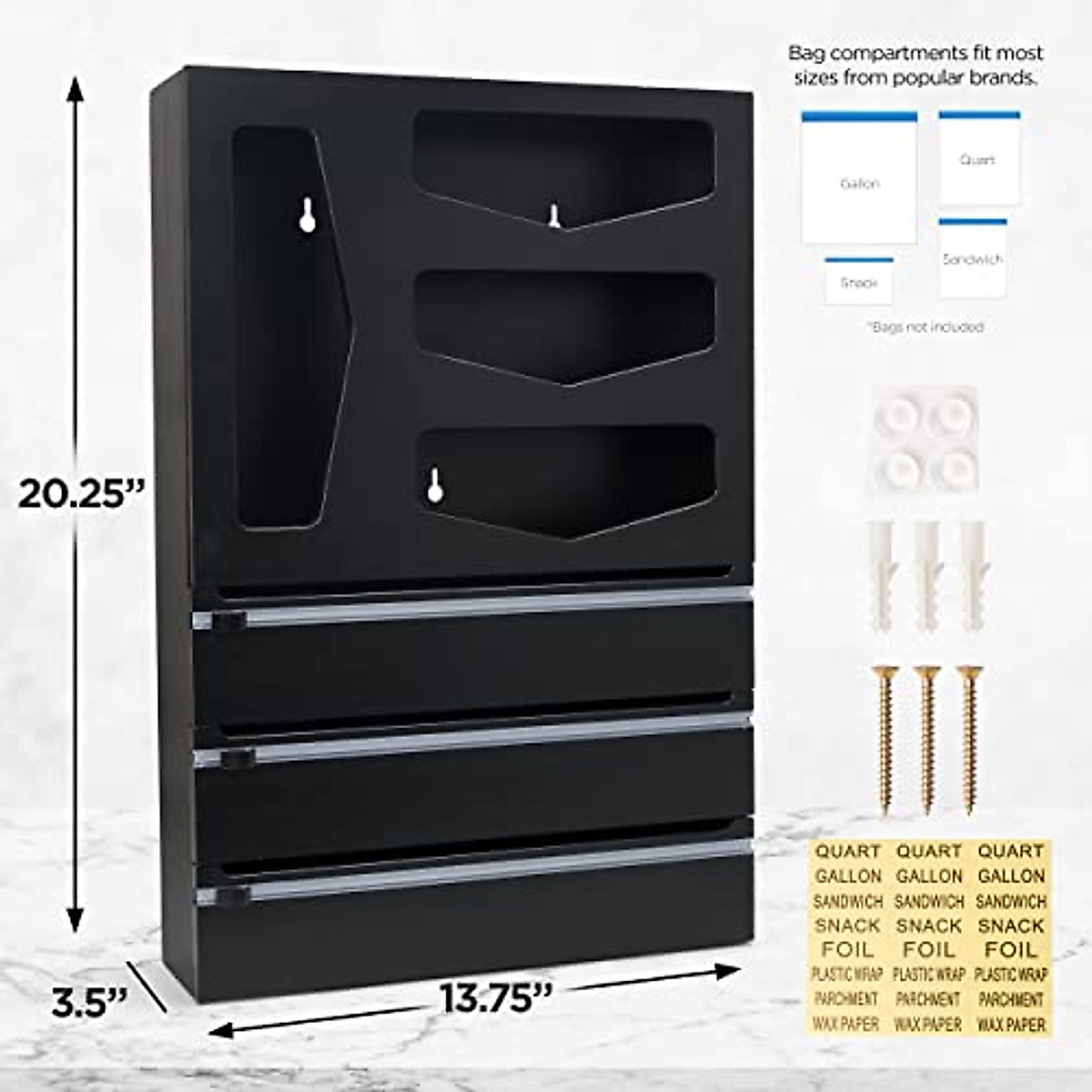 Carient 7 in 1 Storage Bag Organizer with Wrap Dispensers, Wall Mountable Sandwich Bag Organizer, Bag Storage Organizer, Food Storage Bag Organizer (Black)