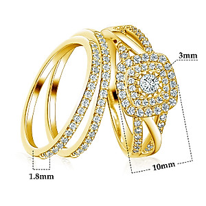 MDFUN Three in One Square Halo Wedding Band Set Engagement Ring 18K Yellow Gold Plated Cubic Zirconia Promise Eternity Ring for Women Size 7