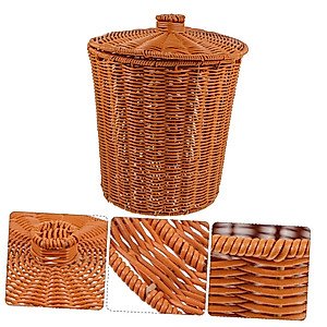 Toyvian Rattan Round Waste Basket, Woven Basket with Lid Wicker Basket Wastebasket Storage Basket for Bathroom Kitchen