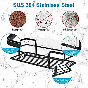 Shower Caddy Adhesive Basket Shelf Drill-Free Kitchen or Bathroom Organizer - Black Basket Shelves Hooks for Washroom Accessories Adhesive Stainless Steel Shampoo Holder, Kitchen Shelf Rack 2 Pck