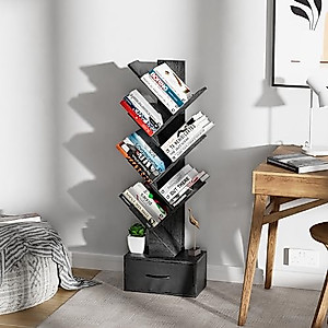 Egepon 6-Tier Tree Bookshelf with Drawer Black Book Shelf Storage Rack Floor Standing Bookcase for CDs Movies Books Multifunctional Organizer Shelves for Home Office Living Room Bedroom