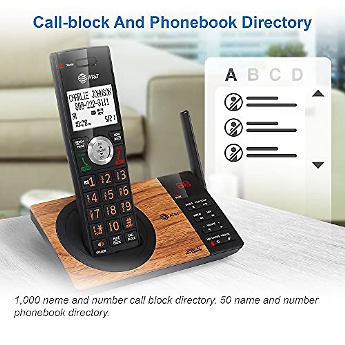AT&T CL82267 DECT 6.0 2-Handset Cordless Phone for Home with Answering Machine, Call Blocking, Caller ID Announcer, Intercom and Long Range, Black & Wood Grain Finish