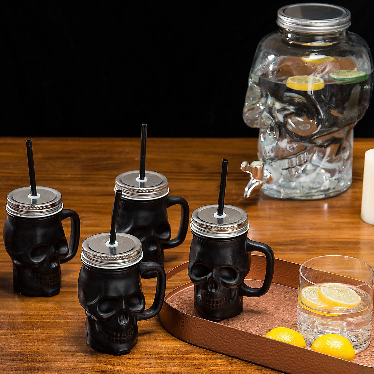 MyGift Matte Black Halloween Skull Wide Mouth Mason Jar Glass Mug with Silver Screw On Lid and Reusable Straw, Decorative Halloween Drinkware - 12 oz, Set of 4