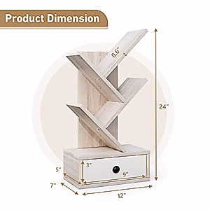 Giantex 5-Tier Tree Bookshelf with Drawer - Freestanding Retro Small Book Storage Rack for Small Place, Kids Room Wooden Decorative Bookcase with Storage for CDs, Magazines, Books, Beige