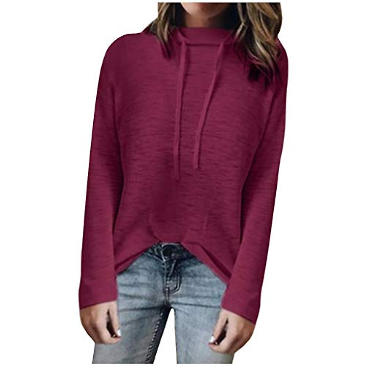 Fheaven Women Winter Hoodie Pullover Solid Color High Collar Long Sleeve Casual Drawstring Loose Top
