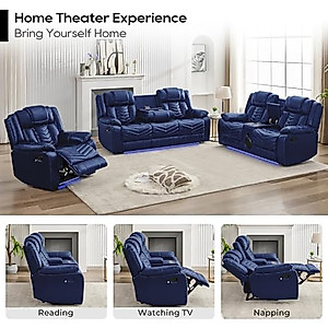 Manual Recliner Sofa Set 3 Piece with Wireless Charger for Living Room,Leather 3 Seater Reclining Couch with Bass Speaker and Loveseat Theater Seating,Home Electric Recliner Chair with LED Light,Blue