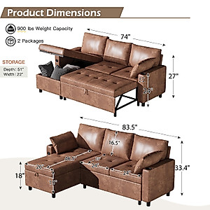 Esright Sleeper Sofa Couch with Pullout Bed, Faux Leather Sofa Bed Pull Out Couch Bed Sofa Pull Out Couch with Storage, Sectional Sleeper Sofa Couch with Pull Out Bed for Living Room Clearance, Brown