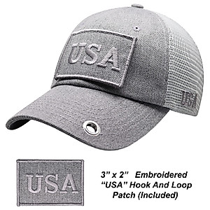 Antourage American Flag Unconstructed Hat for Men and Women Twill Mesh Snapback Baseball USA Flag Cap + 2 Patriotic Patches ((52) Grey Classic Mesh Snapback with Keyhole)