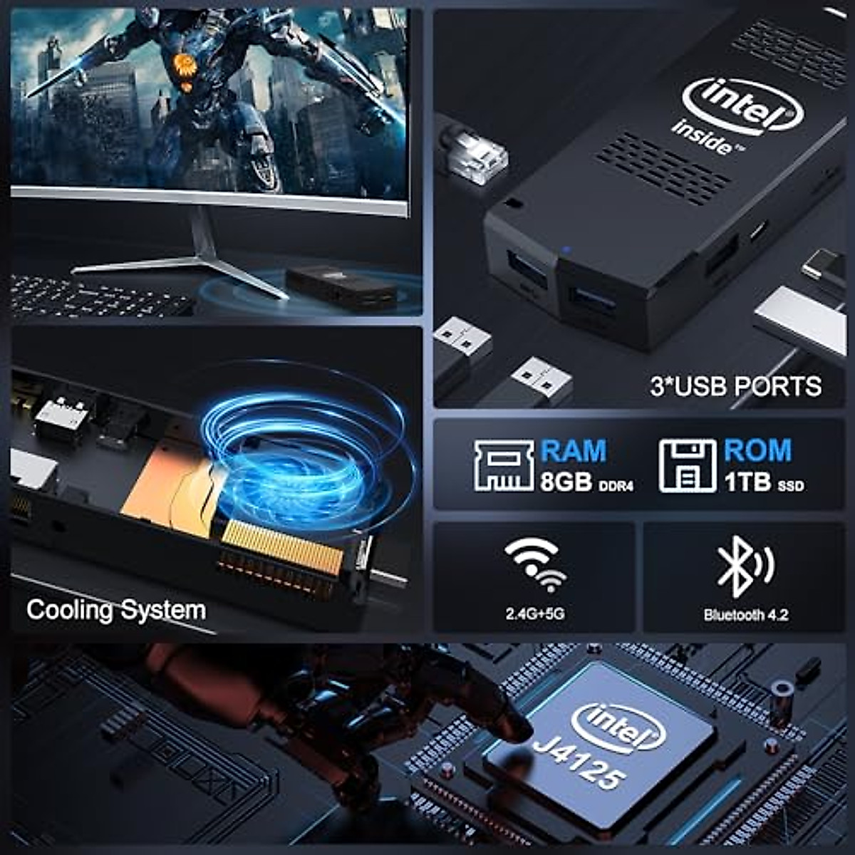 AIOEXPC Mini PC Stick Intel Celeron J4125 Windows 11 Pro 8GB DDR4 1TB SSD Compute Stick Support 4K HD, Gigabit Ethernet, 2.4G+5.0G Dual Band Wi-Fi, USB 3.0 Port, Bluetooh 4.2