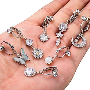 REVOLIA 10Pcs Fake Belly Button Rings for Women Dangle Navel Rings CZ Clip On Belly Rings Set Fake Belly Piercing Jewelry Silver-tone