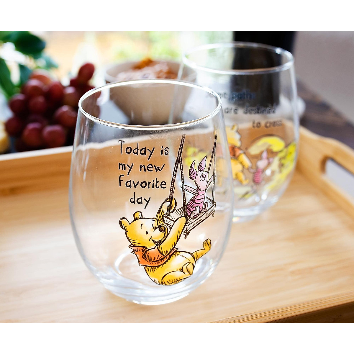 Disney Winnie The Pooh Quotes Teardrop Stemless Wine Glass Set | Tumbler Cup For Mimosas, Cocktails | Each Holds 20 Ounces