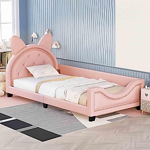 RIDFY Daybed with Headboard, Rabbit-Shaped Camas, Wood Twin Platform Bed Frame for Girls Boys, Cute Upholstered Sofa Bed, PU Leather, Space-Saving, No Box Spring Needed (Pink)