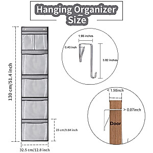 Jremreo Over The Door Organizer with 5 Large Pockets, Hanging Storage Shelves, Behind The Door/Wall/Nursery Closet Door Organizer for Bedroom Bathroom with 2 Metal Hooks
