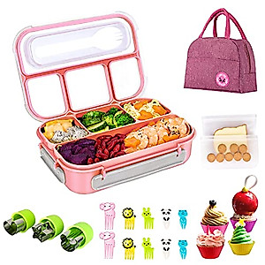 Kishilly Bento Lunch Box for Kids/Adult, Microwavable Kids Bento Box Lunch Containers With Lunch Bag Cookie Cutters Fruit Picks Silicone Cup Reusable Storage Bags for School,Work and Picnic (Pink)