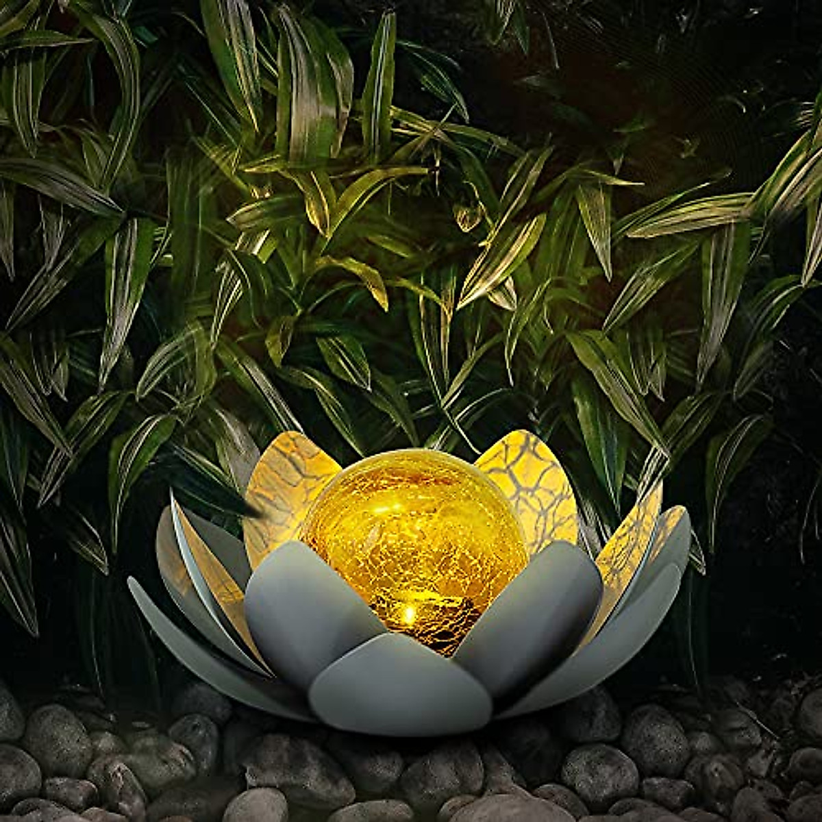 Huaxu Solar Lights Outdoor Garden Decor , Amber Crackle Globe Glass Lotus Decoration,Waterproof Gray Metal Flower Light for Patio,Lawn,Walkway,Tabletop,Ground