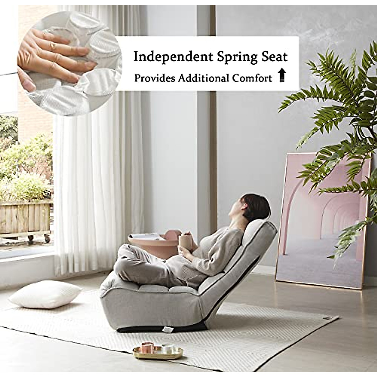 Indoor Chaise Lounge Chair, 3 Angles Adjustable Floor Chair, Folding Lazy Sofa Couch for Teens and Adults, Cushion Padded Comfy Chair for Living Room and Bedroom (Light Grey)