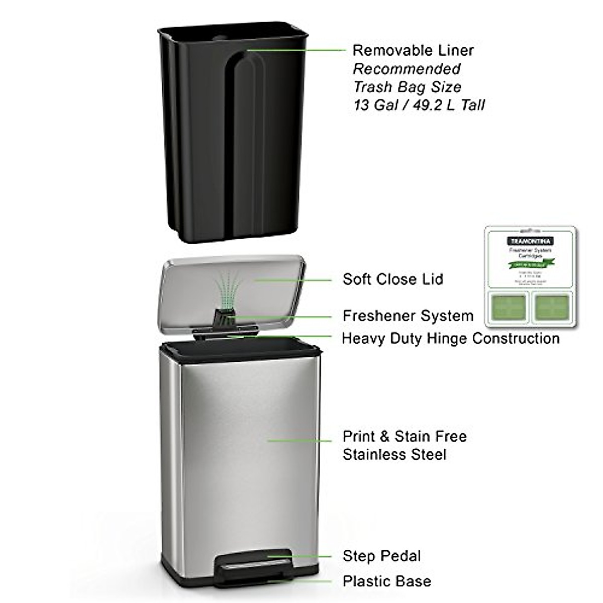 Tramontina 13 Gallon Step Trash Can Stainless Steel Includes 2 Freshener Cartridges …