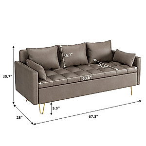 Senfot Faux Leather Sofa Couch 60" W Sofas with Button Tufted Design and Hand Stitched, Heavy Duty Foundation with Gold Metal Legs, Lift-Up Storage and Bolster Pillows in Dark Brown
