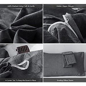 MooMee Bedding Duvet Cover Set 100% Washed Cotton Linen Like Textured Breathable Durable Soft Comfy (Dark Grey, Queen)