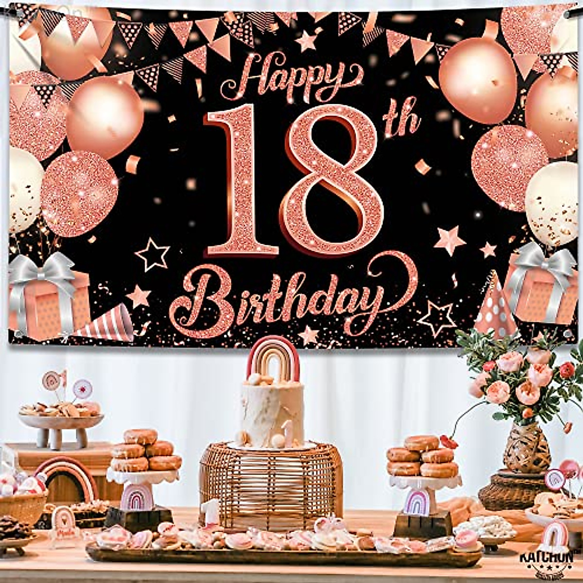 KatchOn, Rose Gold Happy 18th Birthday Banner - XtraLarge, 72x44 Inch | Rose Gold 18th Birthday Backdrop | 18 Birthday Banner for Rose Gold 18th Birthday Party Decorations | 18 Birthday Decorations