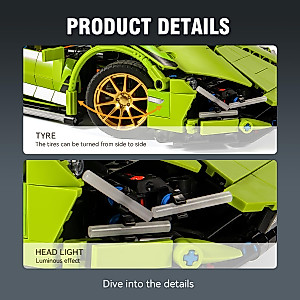 DAHONPA Green Sports Car MOC Building Blocks Kit, 1:14 Scale Sports Car Model Toys(1268 Pcs), Static Version, no Power Pack, Gift for Adults and Kids
