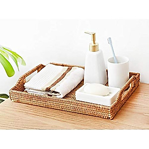 Hand-Woven Rattan Rectangular Serving Tray with Handles for Breakfast, Drinks, Snack for Coffee Table (14.5x10.2x1.4inches)