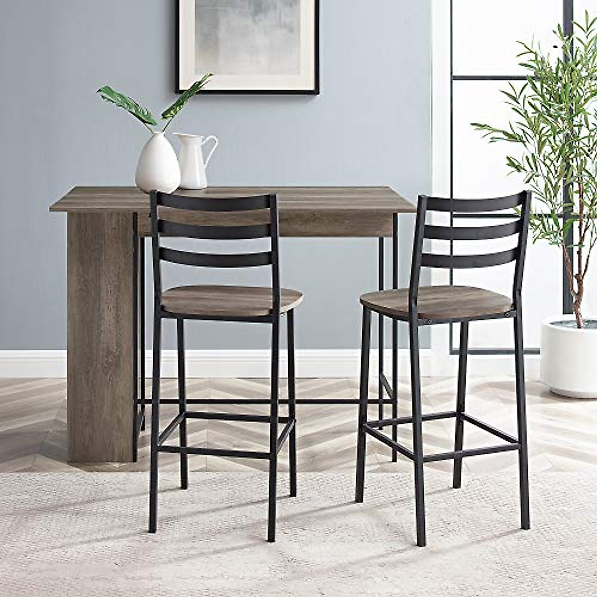 Walker Edison AZW48LNSB3PGW 3 Piece Drop Leaf Counter Table Dining Set with Storage, 48", Grey Wash