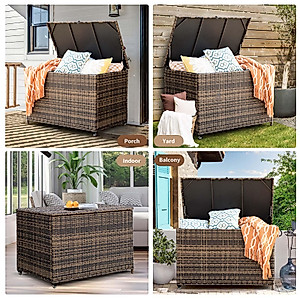 MEISSALIVVE 178 Gallon Outdoor Storage Box, Patio Deck Box with 2 Wheels, Handle Large Portable Wicker Rattan Deck Box for Patio Furniture Cushions, Throw Pillows, Garden Tools and Pool Floats (Brown)