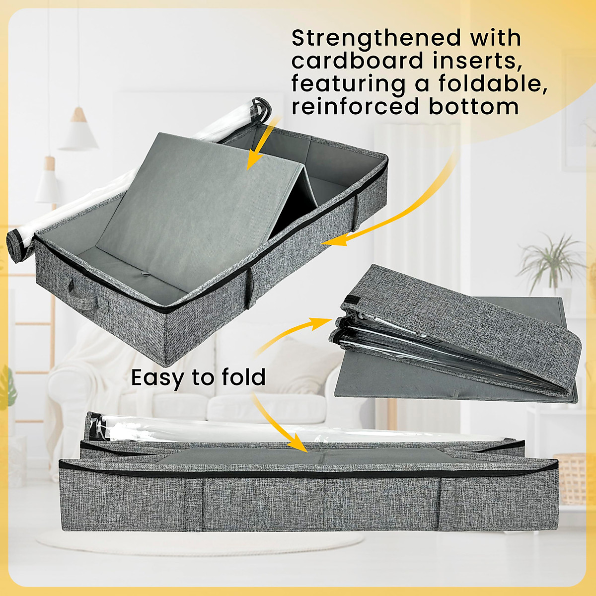 Clutter Mutter Gray Low Profile Under Bed Storage Containers 5 inches high, 33.8"x 17.7"x 5.1", Sturdy Underbed Shoe Storage Organizer, Foldable Fabric Under the Bed Storage Bins - Pack of 2