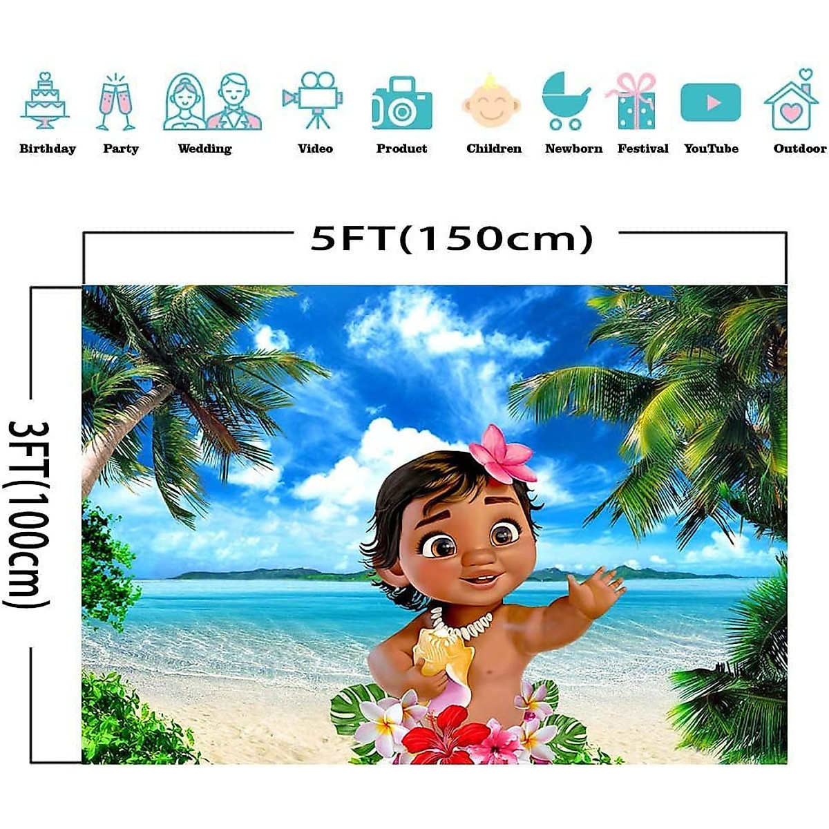 MMY 5x3ft Baby Moana Backdrop 1st Birthday Party Banner Supplies Summer Tropical Coconut Palm Tree Ocean Background Princess Baby Shower Moana Wallpaper Photobooth Props