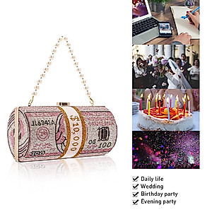 TANOSII Women Stack of Cash Evening Bag Crystal Rhinestone Clutch Money Shoulder Bag Dollar Bill Purse Cylindrical Shape Pink
