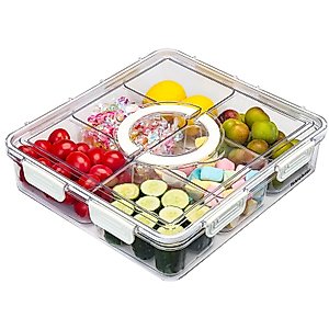 Divided Serving Tray with Lid & Handle, BPA-free Food Storage Container, Snack Box, 6 Compartment Snack Containers, Fruit Storage Containers for Fridge,Storage Organizer For Veggie,Fruit,Candy,Nuts
