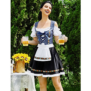 GloryStar Women's German Dirndl Dress Traditional Bavarian 1 Piece Beer Garden Oktoberfest Costumes Blue Plaid Gray L