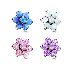 Pierced Owl 14-16G Stainless Steel Synthetic Opal Flower Internally Threaded Dermal Anchor Top (Blue, 14GA (1.6mm))