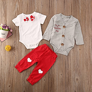 Bowanadacles Newborn infant baby boy clothes my 1st valentine day 3Pcs outfit long sleeve romper onesie heart pants (White+Gray+Red, 6-12 months)