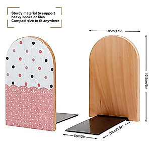 2 Pack Wood Bookends,Polka Dots On Pink and Gray Decorative Book Ends Support for Shelves Desktop Organizer Wooden Bookshelf for Home School Office