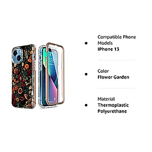 Esdot iPhone 13 Case with Built-in Screen Protector,Military Grade Rugged Cover with Fashionable Designs for Women Girls,Protective Phone Case for Apple iPhone 13 6.1'' Flower Garden